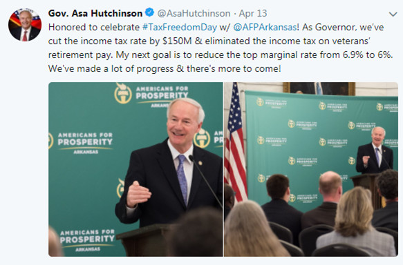Gov. Hutchinson Shares Tax Freedom Day Message with AFP Activists